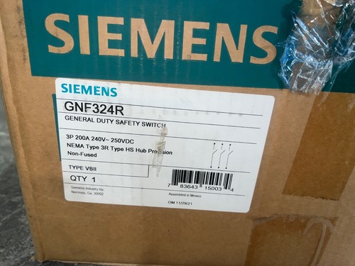 New Siemens GNF324R 200 Amp 240v Non Fused 3Ph 3R Safety Switch ...