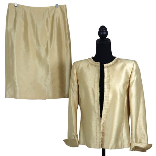 Kasper Champagne Gold Skirt Suit Set Jacket Evening Shiny Shimmer Satin ...