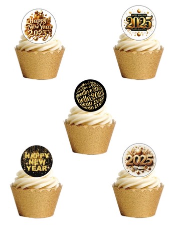Cake Toppers 24 Happy New Year 2025 PRECUT Circle Edible Wafer Paper ...