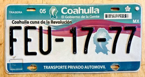MEXICO MEXICAN MEX COAHUILA LICENSE PLATE " FEU 17 77 " CUNA DE LA ...
