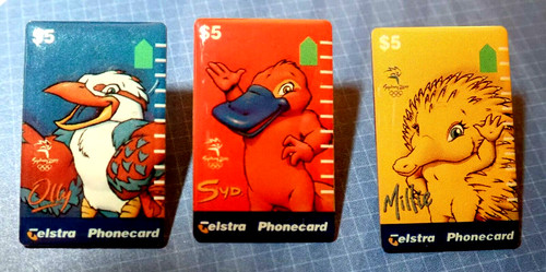 "3 PC TELSTRA PHONE CARD MASCOTS SET" 2000 SYDNEY OLYMPIC GAME PIN ...