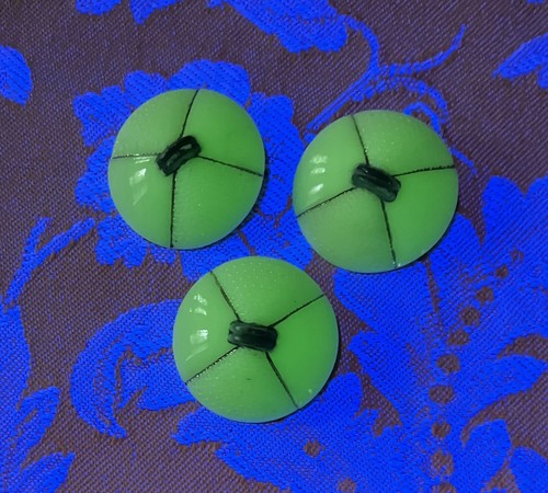 3 VINTAGE URANIUM TEXTURED WHITE GLASS BUTTONS w/ SILVER CROSSBANDS ...