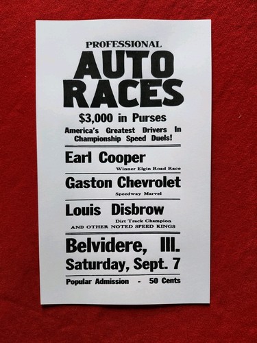 1900s AUTO RACES POSTER BELVIDERE ILLINOIS GASTON CHEVROLET LOUIS ...