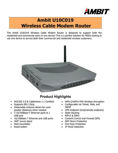 UBEE AMBIT U10C019 WIRELESS DOCSIS 2.0 CABLE MODEM / ROUTER P/N U10C019 ...