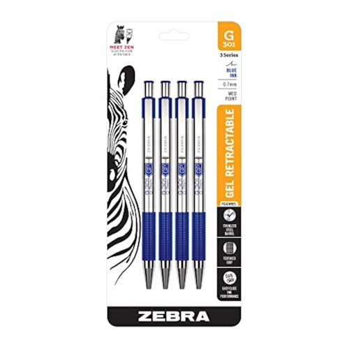 Zebra Pen G301 Gel Pens 4Pack, Blue Ink, 0.7Mm Medium Point, Stainless ...