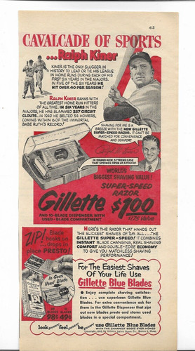 Baseball Star Ralph Kiner Gillette Super-Speed Razor Shaving 1952 print ...