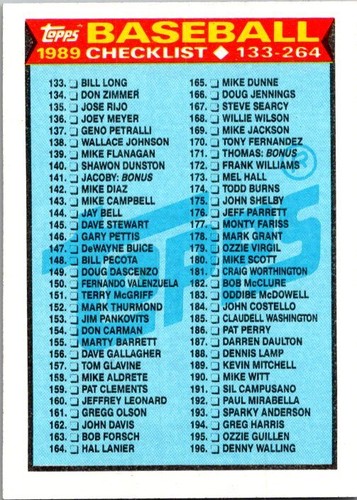 1989 Topps Baseball 258 Checklist: 133-264 CL | eBay