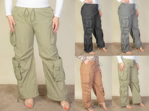 Women's Plus Size Drawstring Ruched Parachute Cargo Pants Flap Pockets ...