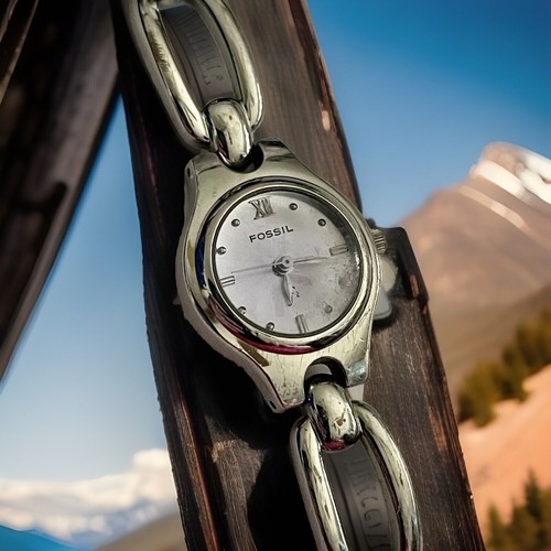 Vintage FOSSIL Quartz Watch Silvertone Violet Face Works Keeps Time New ...