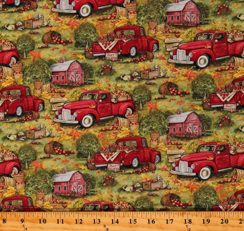 Cotton Apples Trucks Trees Fall Red Fabric Print by the Yard D515.41 | eBay