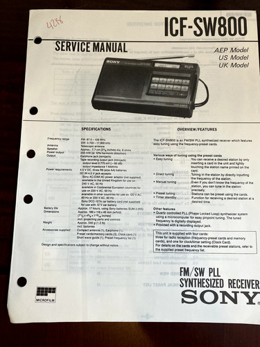 SONY ICF-SW800 ICFSW800 Service Manual FROM THE USA **ORIGINAL** 4218 ...
