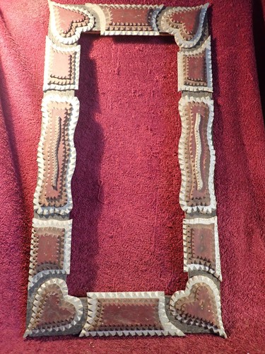 LARGE ANTIQUE HANDMADE TRAMP ART WOOD FRAME w HEARTS FOLK ART SWEDEN ...