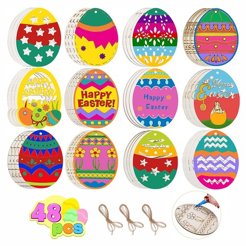 48PCS Wooden Drawing DIY Craft Easter Eggs gifts kids Wood Chips Slice ...
