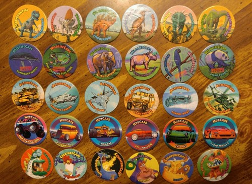POGS GOLDEN BOOKS RARE DINOSAURS HUBCAPS CREATURE ACTION WILDLIFE CAPS ...