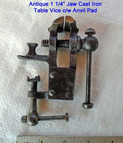 Antique Hand Made Jewellers Cast Iron 1 1/4" Jaw Table Vice c/w Anvil ...