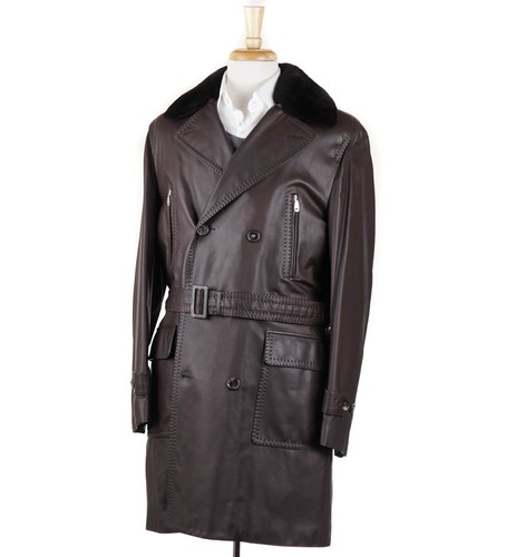 NWT $14,975 BRIONI Cashmere-Lined Leather Coat with Nutria Fur Collar M ...
