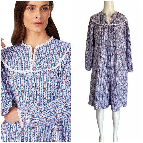 NWT Lanz of Salzburg Flannel Nightgown Tyrolean Blue Red Hearts Floral ...