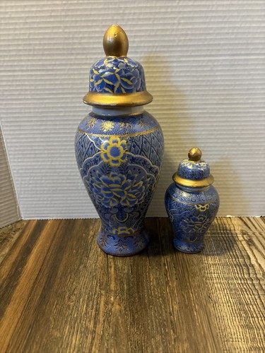 BEAUTIFUL VTG/ANTIQUE GOLD GUILDED CHINESE DECORATED 13" BLUE PORCELAIN URN JARS | eBay