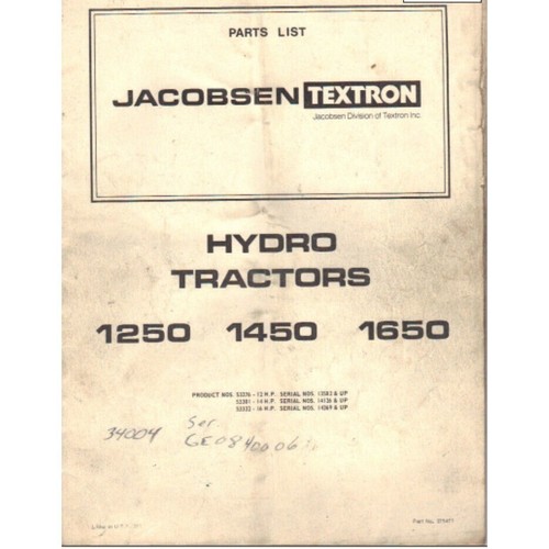Jacobsen Tractor parts list 1250 1450 1650 24 pages Gloss cover Comb ...