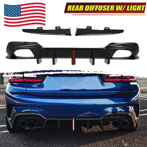 F1 STYLE GLOSS BLACK REAR DIFFUSER W/LED LIGHT FOR 2019-2022 BMW G20 3 ...