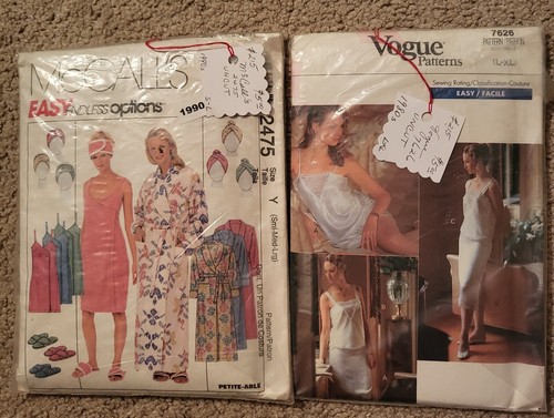 Lot of 2 Sewing Pattern Vogue 7626 L-XL slip McCalls 2475 robe headband ...