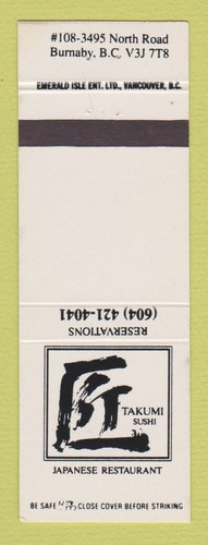 Matchbook Cover - Takumi Sushi Japanese Restaurant Burnaby BC | eBay