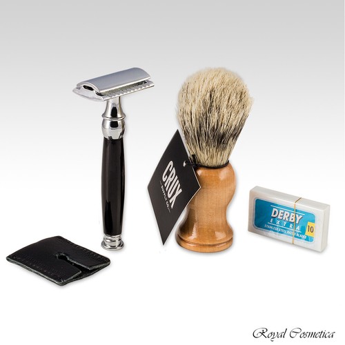CRUX Shaving Gift Set for Men Wooden Brush Double Edge Safety Razor w ...