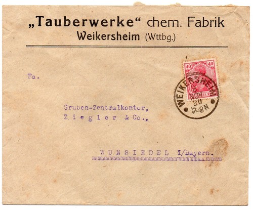 Brief Germania chem. Fabrik Tauberwerke Weikersheim 8.11.20 nach ...