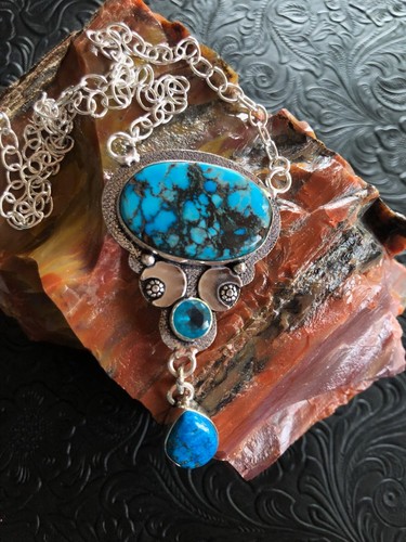 Blue Turquoise Flower Moon Gypsy Pendant Necklace 18-19" Belly Dance ...