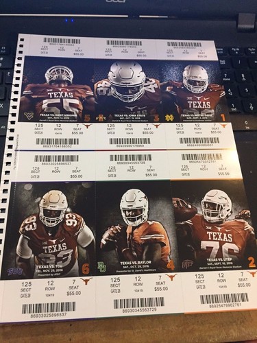 2016 TEXAS LONGHORNS COLLEGE FOOTBALL SEASON TICKET STUB STRIP SHEET ...