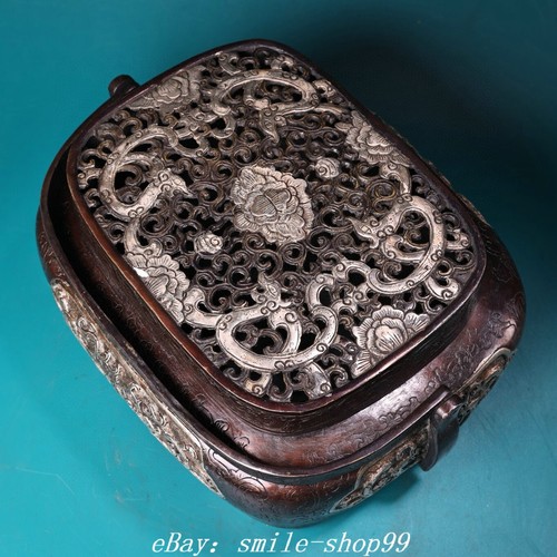 8.6" Qianlong Pure Bronze Silver Dragon Beast hand-held Incense Burner ...