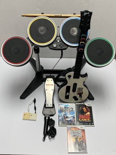 Nintendo Wii Rock Band Drum Set Kit BUNDLE Lot Guitar w Dongle Drums 3 ...