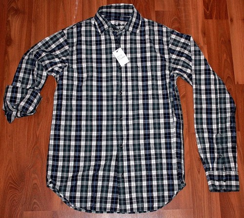 EARNEST SEWN Checks BLUE WHITE Regiment PLAID Shirt ROLL-UP Sleeves Sz ...