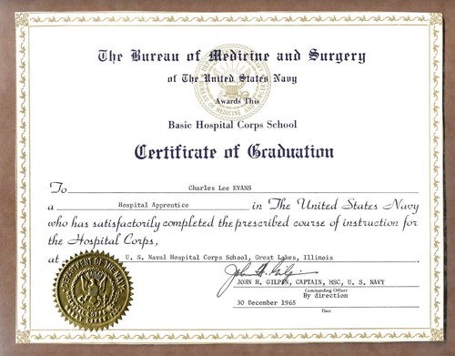 United States Navy Certificate of Graduation 1965 Hospital Apprentice ...