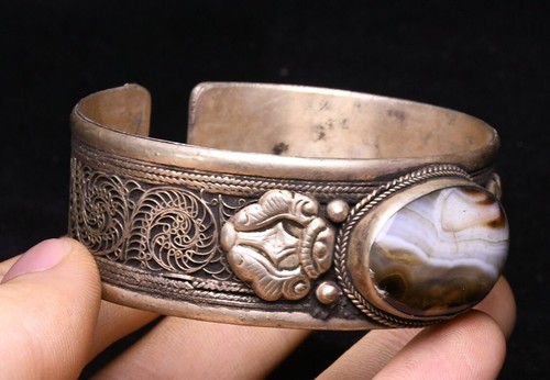 7CM Old Tibet Silver Filigree Inlay Gems Flower Pattern Head Bracelet ...