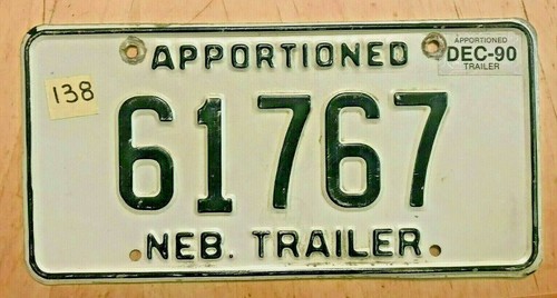 1990 NEBRASKA SEMI APPORTIONED PRO RATE TRAILER LICENSE PLATE " 61767 ...
