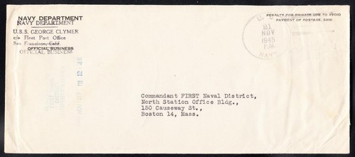 WWII 1945 USS GEORGE CLYMER APA-27 Official Business Naval Cover L9761 ...