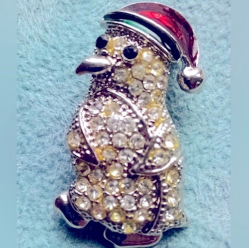 Penguin Pin, red green holiday stocking cap, a silver rhinestone body 1 ...