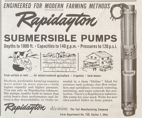1962 AD.(XH30)~TAIT MFG. CO. DAYTON, OHIO. RAPIDAYTON SUBMERSIBLE PUMPS ...