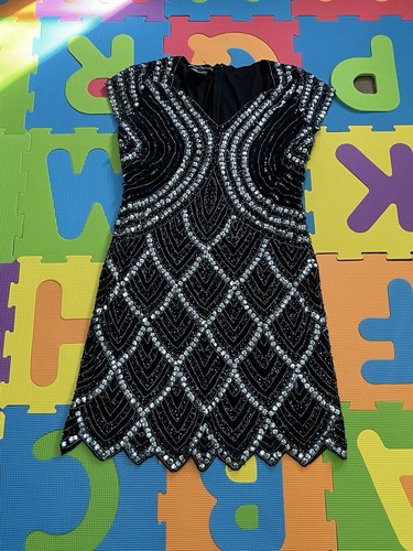 Pisarro Nights Womens Chain Link Sequin Beaded V-Neck Black Party Dress ...