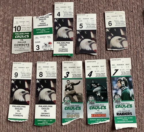 Lot Of 10 Philadelphia Eagles Ticket Stubs 1990-1992 Vs Raiders Cowboys ...