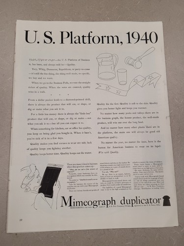 VTG 1940 Original Magazine Ad Mimeograph Duplicator US Platform of ...
