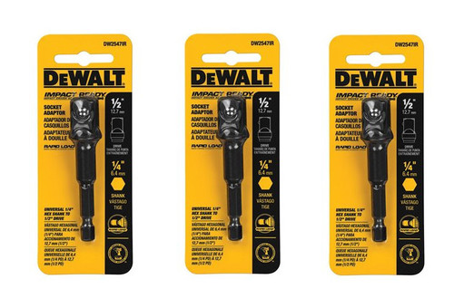 3pc DeWalt DW2547IR 1/4" to 1/2" Socket Adapter Set for 18/20V Impact ...