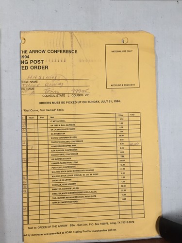 1994 NOAC Order of the Arrow Trading post order form Hasinai 578 BSA ...
