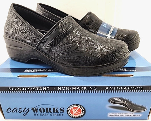 Easy Works Lyndee women's Slip Resistant Clogs Size 9.5W Black embossed ...