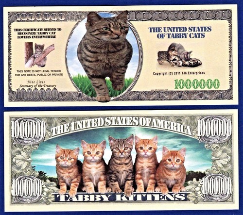 2- Tabby Cat Kittens -Dollar Bills Feline Collectible- FAKE- MONEY-V1 ...