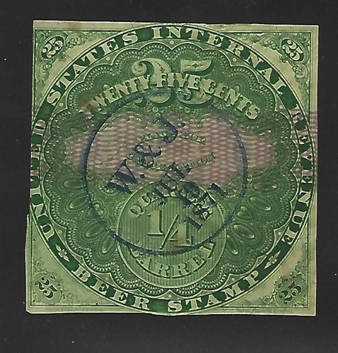 US Beer Stamp REA 16 from 1870 25 cent 1/4 barrel Green | eBay
