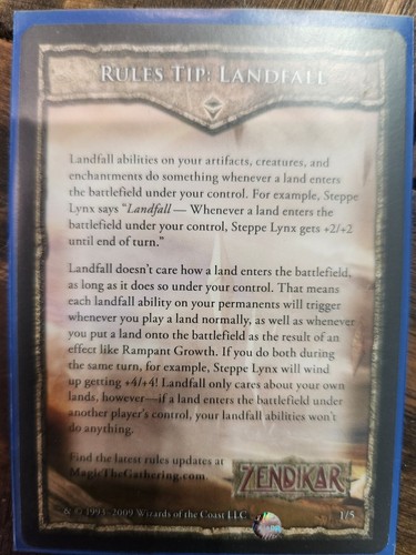 MTG Zendikar Rules Tip : Landfall #1/5 Card x1 NM token Magic The ...