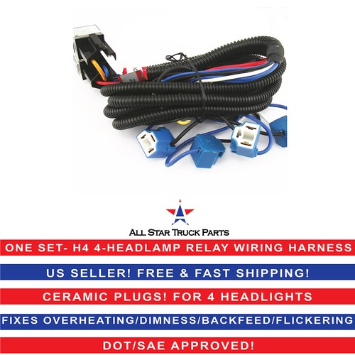 4-Headlight Relay Wiring Harness H4 Headlamp Light Bulb Ceramic Socket ...