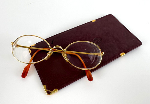Cartier Auth 51-19-135 Gold Wire Frame Eye Glasses Clear Lens Leather ...